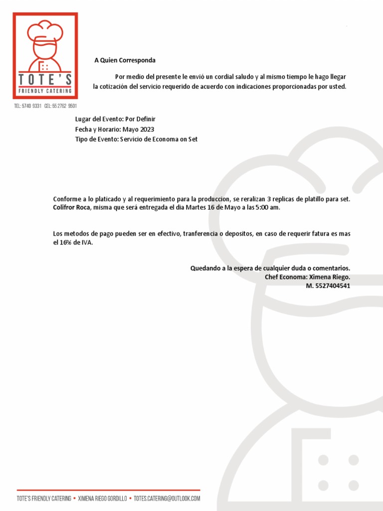 Cotizacion On Set - Comida | PDF