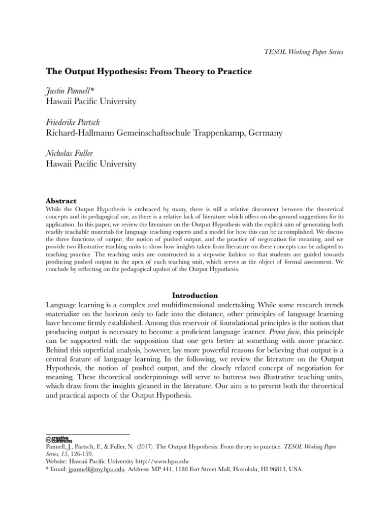 Pannell, Partsch, Fuller - The Output Hypothesis. From Theory To ...
