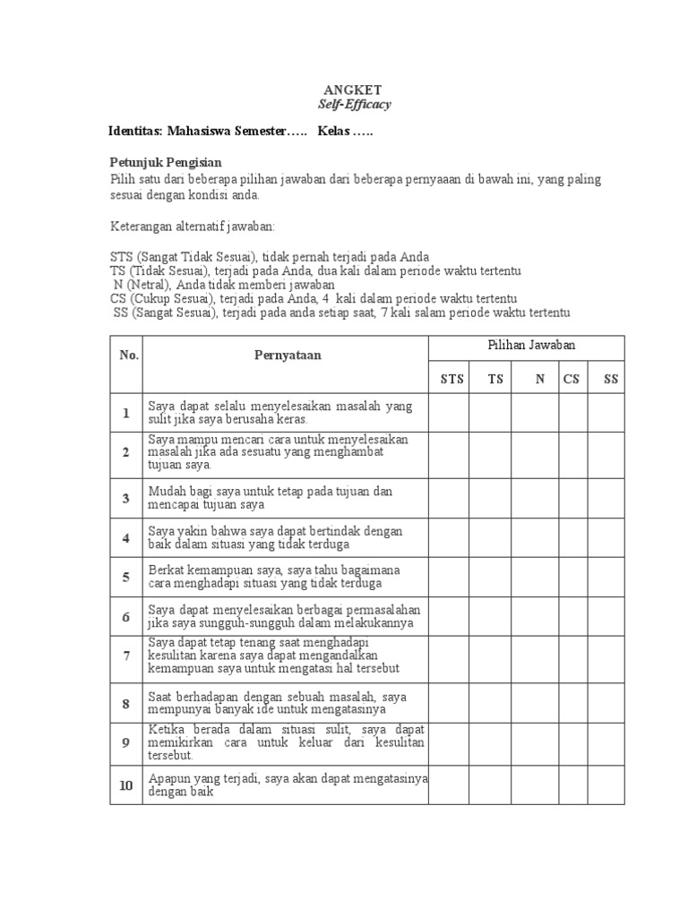 ANGKET Self Efficacy | PDF