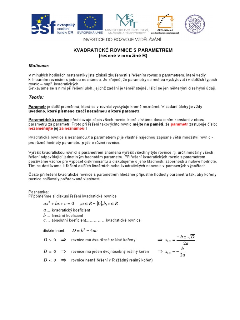 MAT 1 Kvadraticke Rovnice S Parametrem MAN | PDF