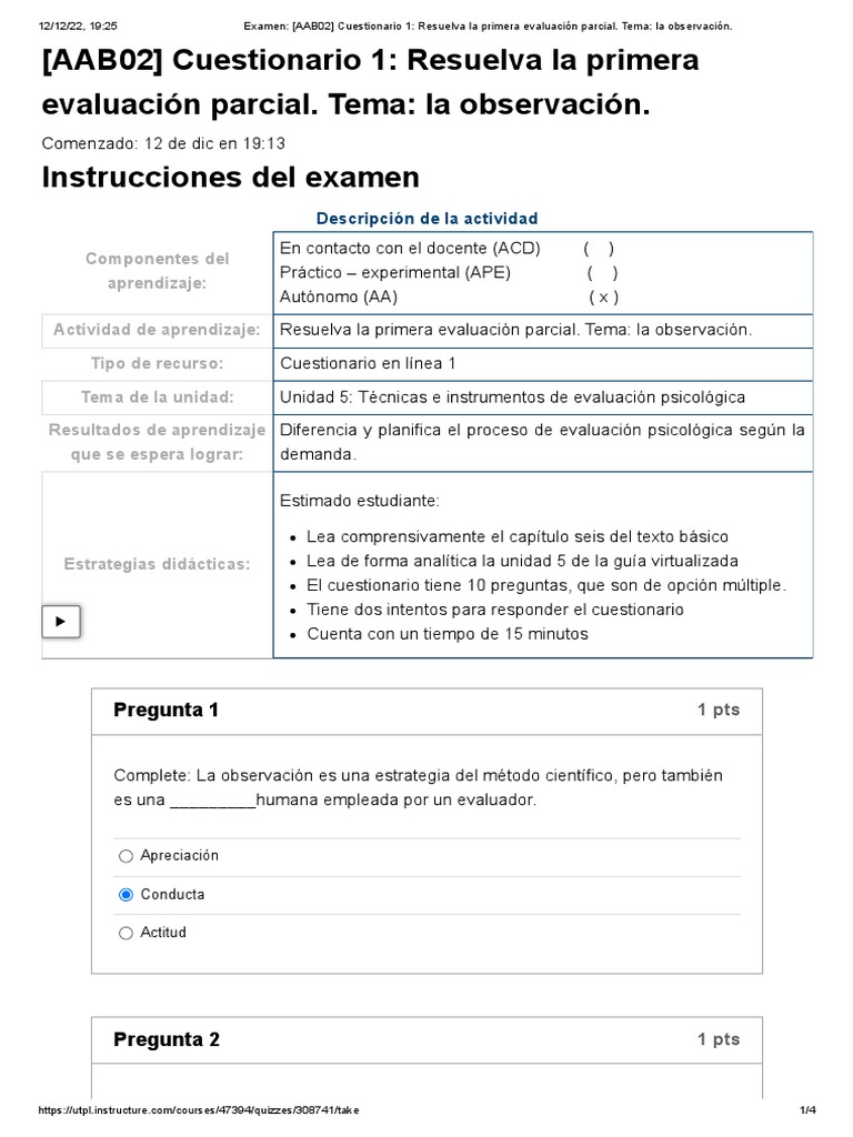 Examen - (AAB02) Cuestionario 1 - Resuelva La Primera Evaluación Parcial. Tema - La Observación ...