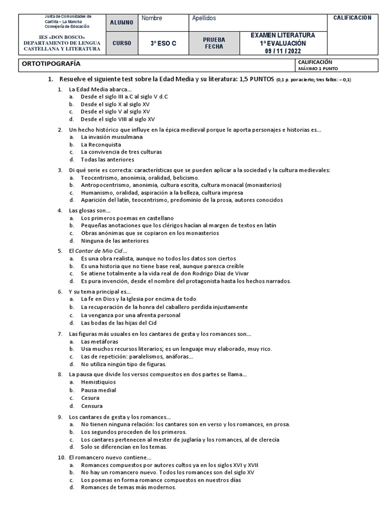 3 Eso. Examen Literatura Completo. 1 Eval | PDF | Literatura española ...