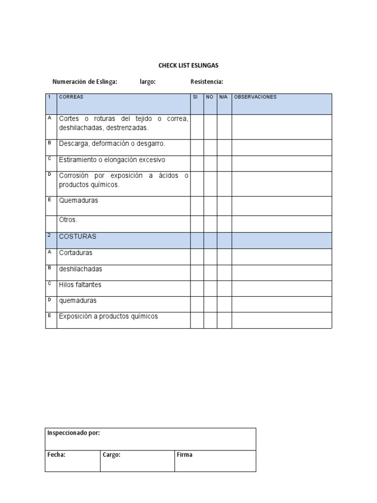 Check List Eslingas | PDF