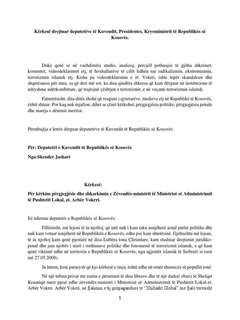 Kërkesë Drejtuar Deputetëve Të Kuvendit, Presidentes, Kryeministrit Të ...