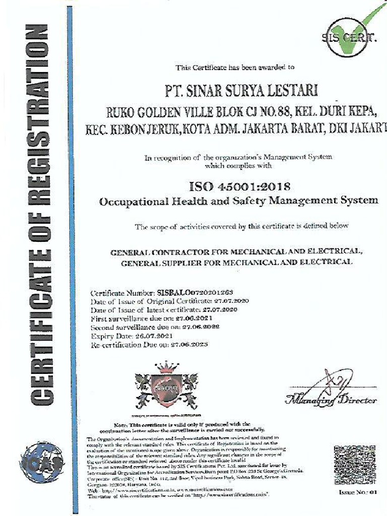 Sertifikat Iso 45001 2018 Occupational Health and Safety Management ...