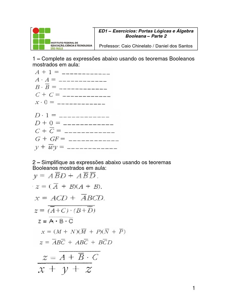 Exercícios Portas Lógicas Álgebra Booleana 2 | PDF