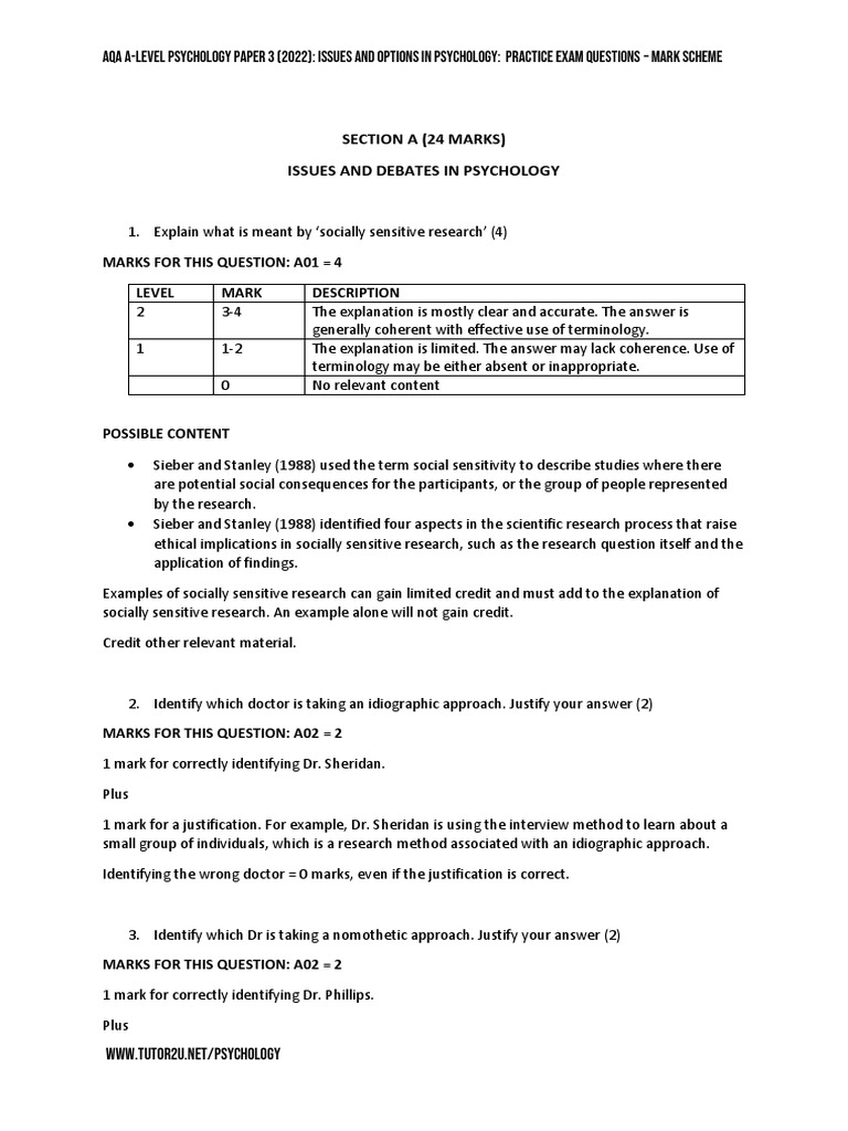 AQA A-Level Psychology Paper 3 (2022) | PDF | Free Will | Cognitive ...