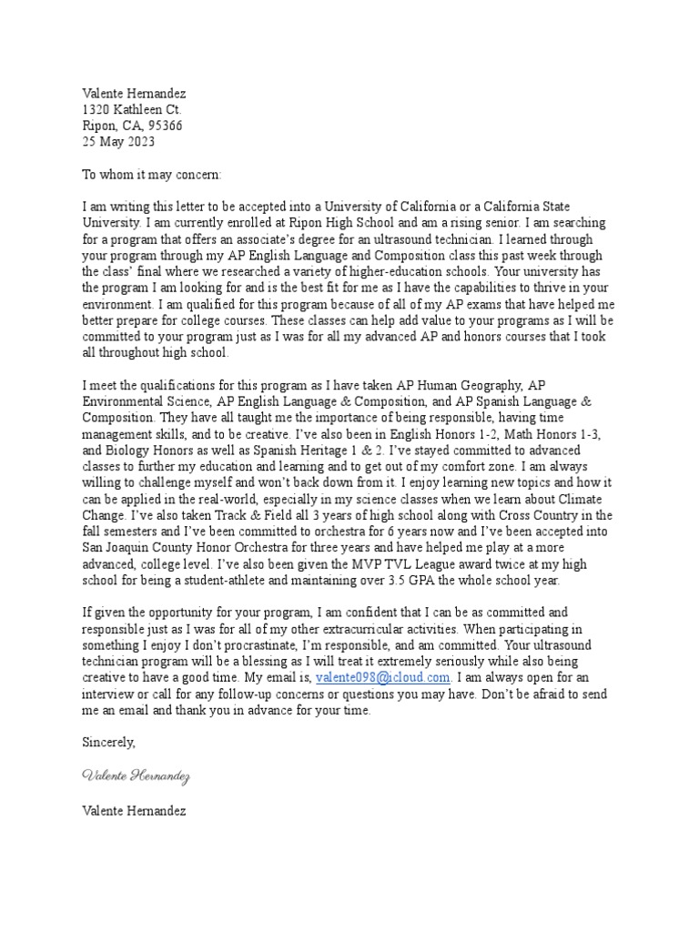 Cover Letter - Valente Hernandez | PDF | Advanced Placement ...