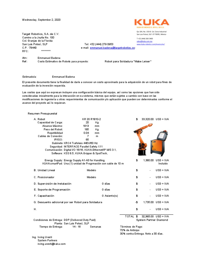 Cotizacion Presupuestal - KUKA KR20 R1810-2 - TARGET | PDF ...