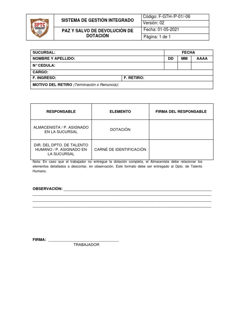 F-GTH - (P-01) - 06 Paz y Salvo de Devolución de Dotación v2 | PDF