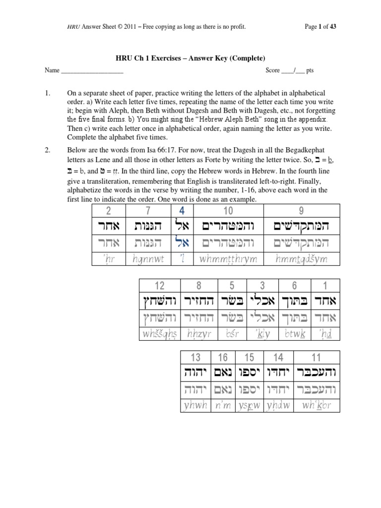 HRU Hebrew Exercises Answer Key | PDF | Syllable | Grammatical Number