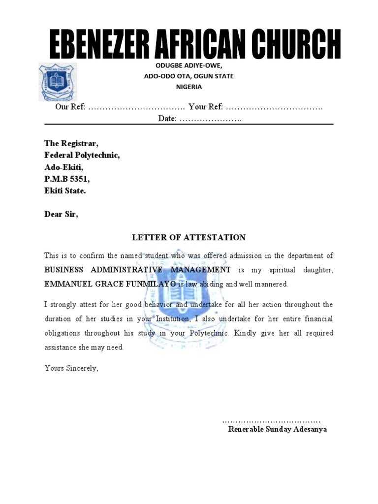 Funmilayo Attestation Ebenezer Church | PDF