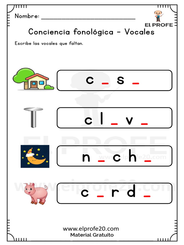 Fichas de Conciencia Fonologica Vocales Elprofe20 | PDF