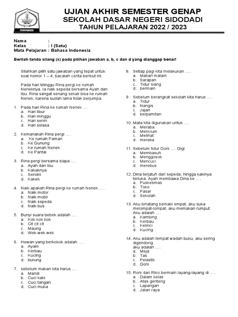 Soal Ujian Kelas 1 B Indonesia Pdf