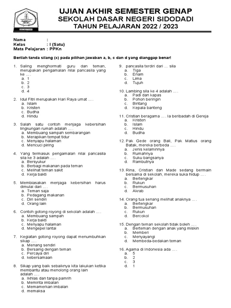 Soal Ujian Kelas 1 PPKN | PDF