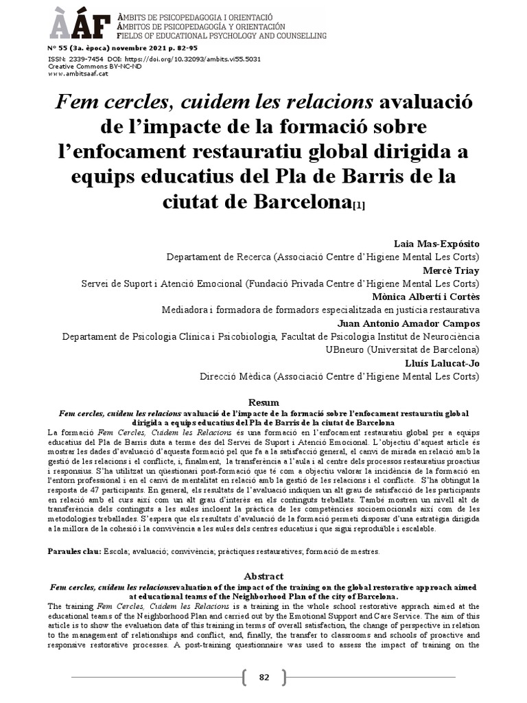 De L'impacte de La Formació Sobre L'enfocament Restauratiu Global Dirigida A Equips Educatius ...