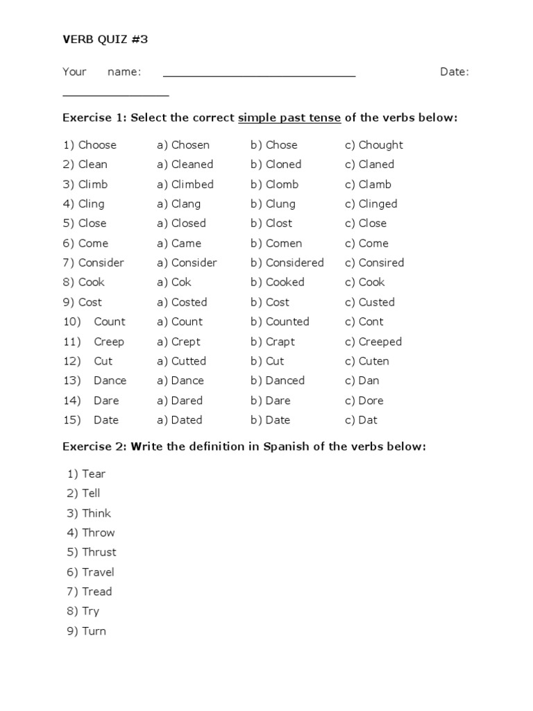 Simple Past Verb Quiz & Definitions | PDF