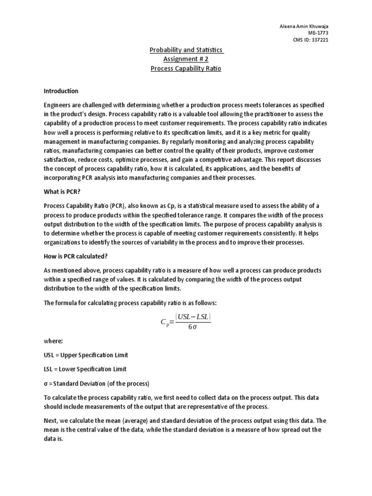 Process Capability Ratio - P&S - Aleena Amin Khuwaja | PDF | Standard Deviation | Engineering ...