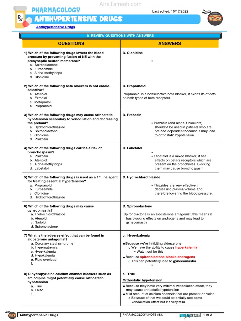 13 Antihypertensive Drugs [Notes - Q~A] atf | PDF | Angiotensin ...
