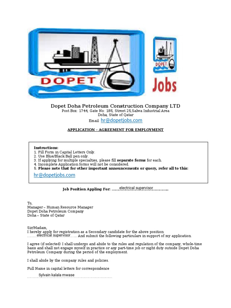 Dopet Doha Petroleum Construction Company Application Form - Docx ...