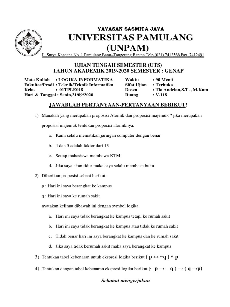 Soal Uts - Logika Informatika - 01tple018 | PDF