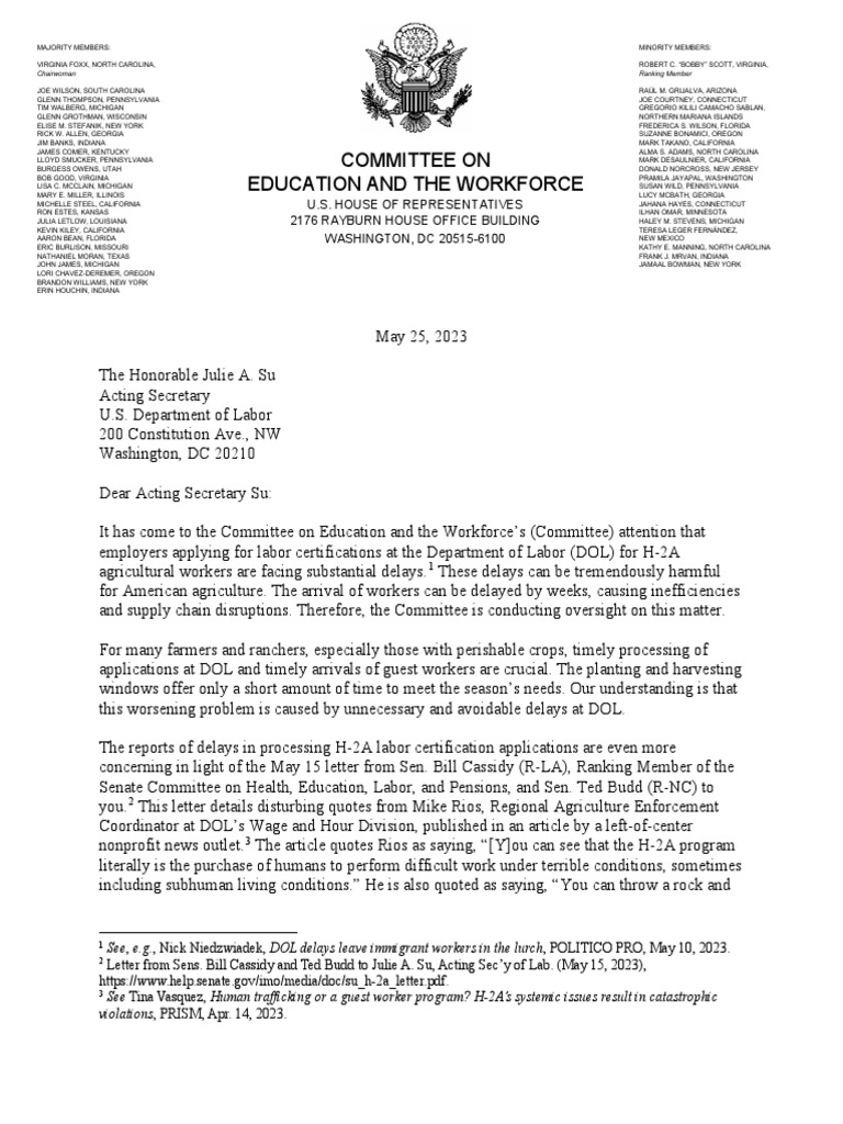 Letter From Chairwoman Foxx To Acting Secretary Su | PDF | Computer ...