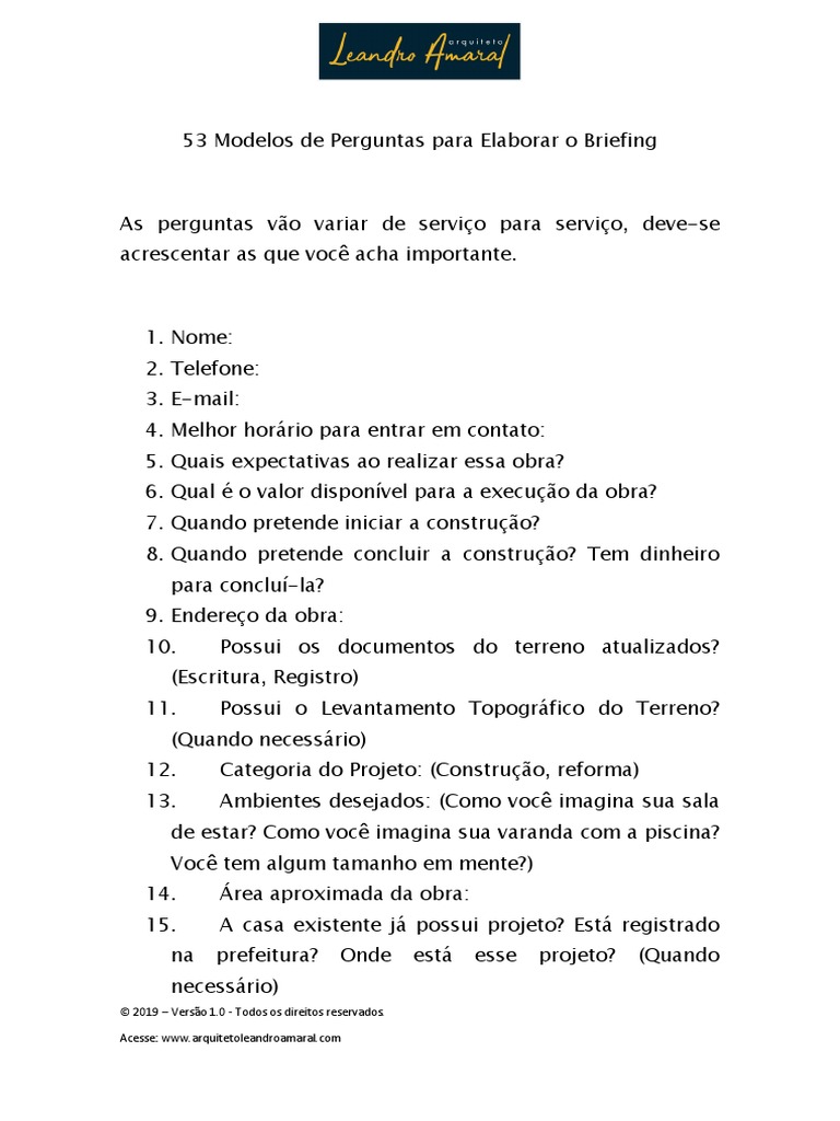 Checklist 53 Modelos de Perguntas para Elaborar o Briefing | PDF
