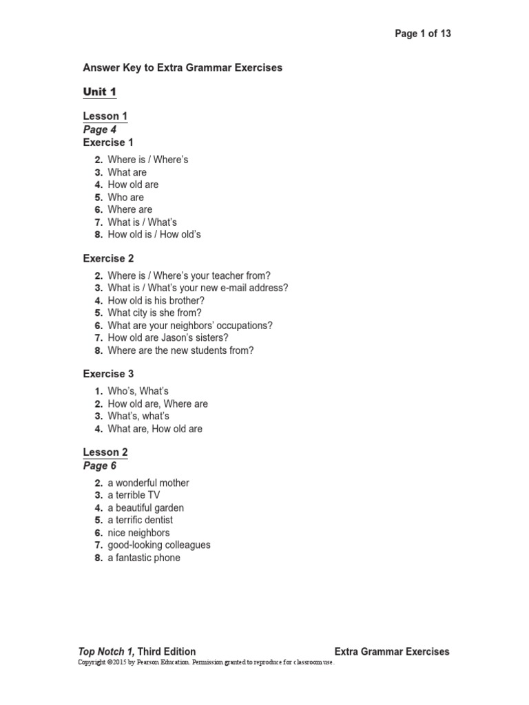 Extra Grammar Exercises Answer Key | PDF | Foods