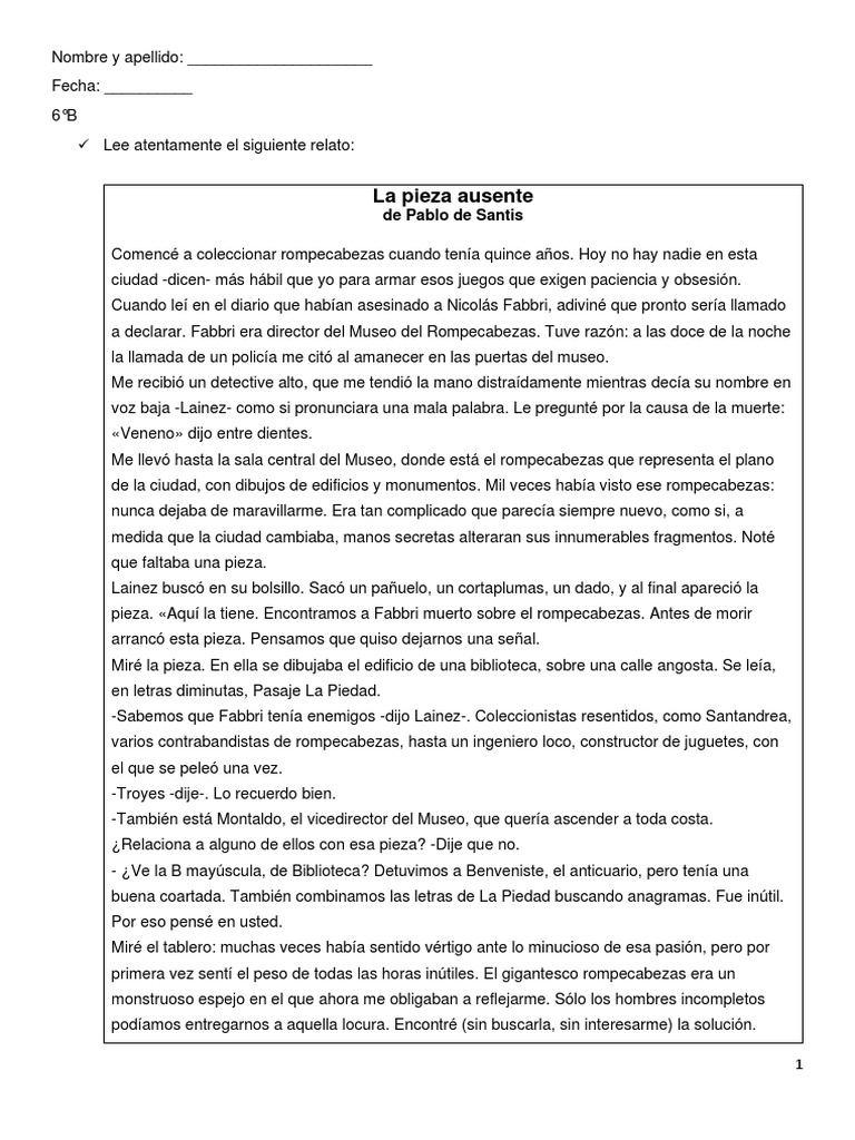 Secuencia Cuento Policial La Pieza Ausente | PDF