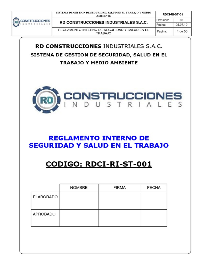 10.RDCI-RI-ST-01 - Reglamento de Seguridad y Salud en El Trabajo | PDF ...
