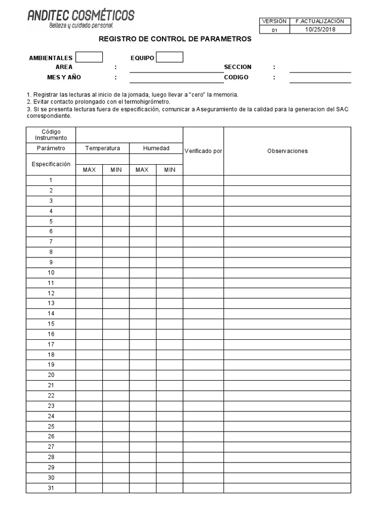 .03 - Registro de Control de Parametros v.03 | PDF