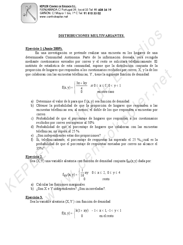 Ejercicios Variables Aleatorias Bidimensionales | PDF | Función de densidad de probabilidad ...