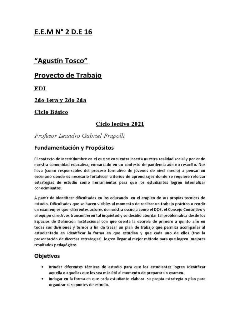 PROYECTO DE TRABAJO EDI 2° 1° Y 2° 2° | PDF | Evaluación | Aprendizaje