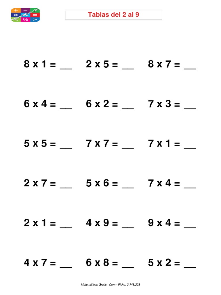 Tablas de Multiplicar 2 al 9 | PDF