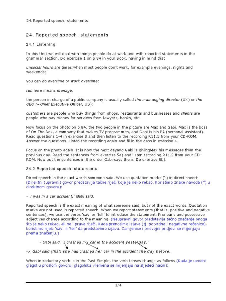 24.reported Speech Statements | PDF | Linguistics | Languages