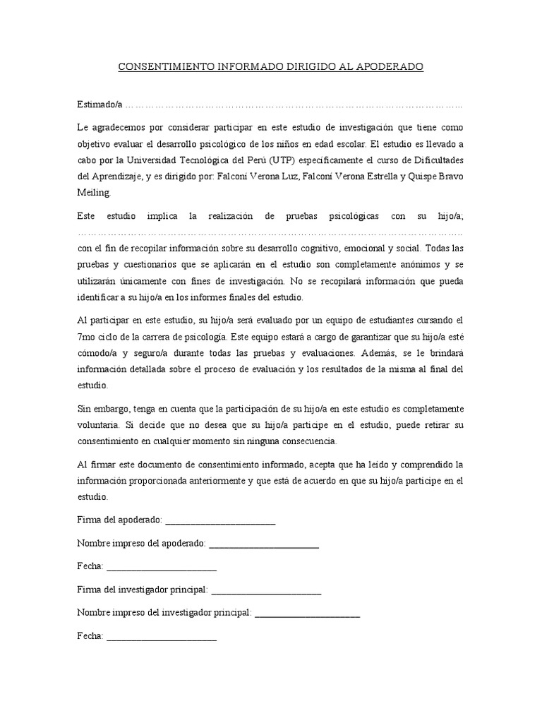 Consentimiento Informado Dirigido Al Apoderado | PDF