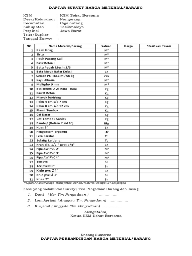 Daftar Survey Harga Meterial | PDF
