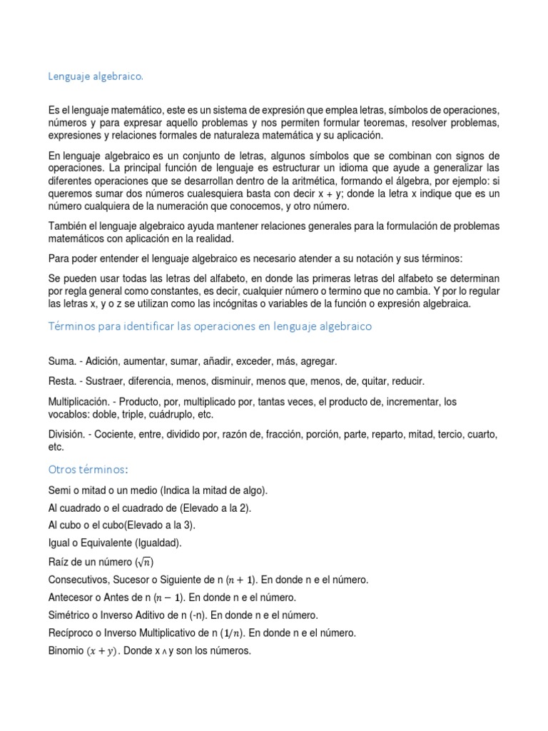 Lenguaje Comun y Lenguaje Algebraico Res | PDF | Números | Multiplicación