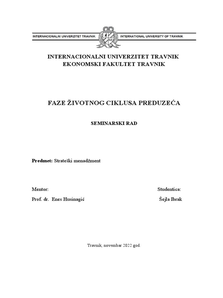 Faze Zivotnog Ciklusa Preduzeca, Seminarski Strateski Menadzment | PDF