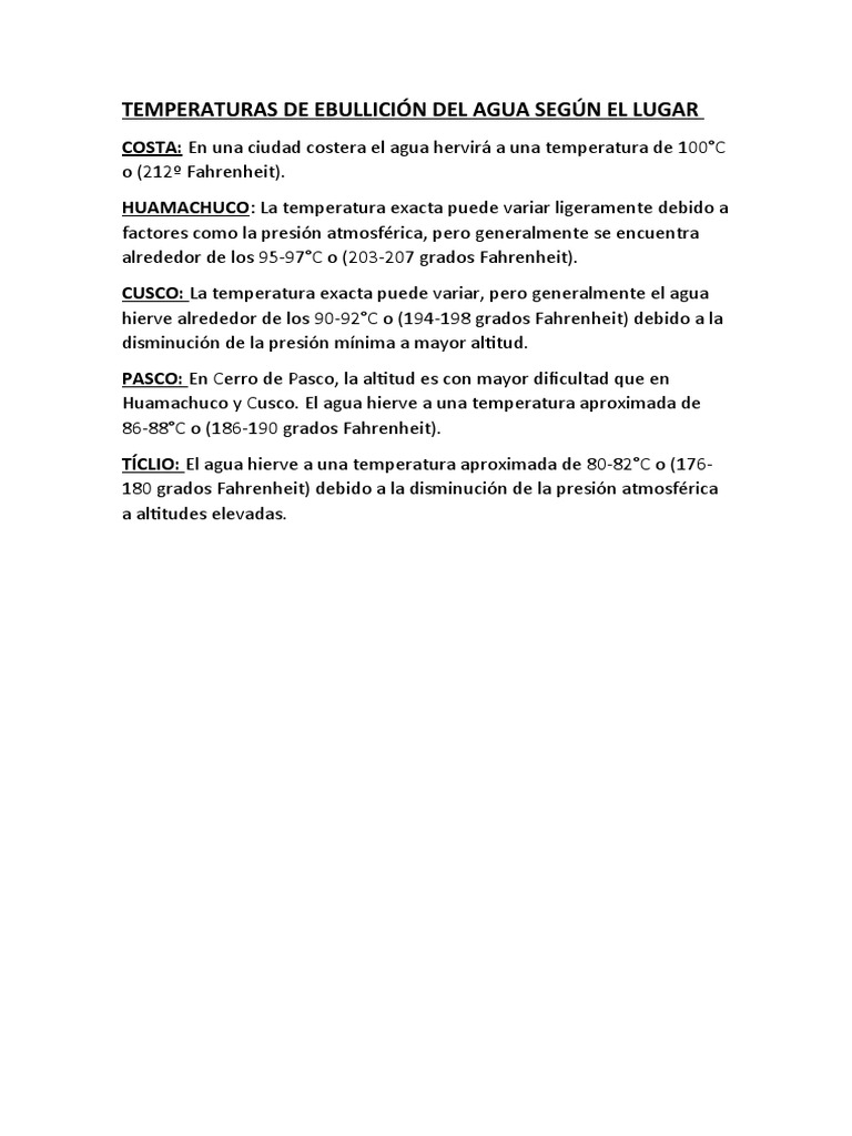 Temperaturas de ebullición del agua por región | PDF | Cocina, comidas ...