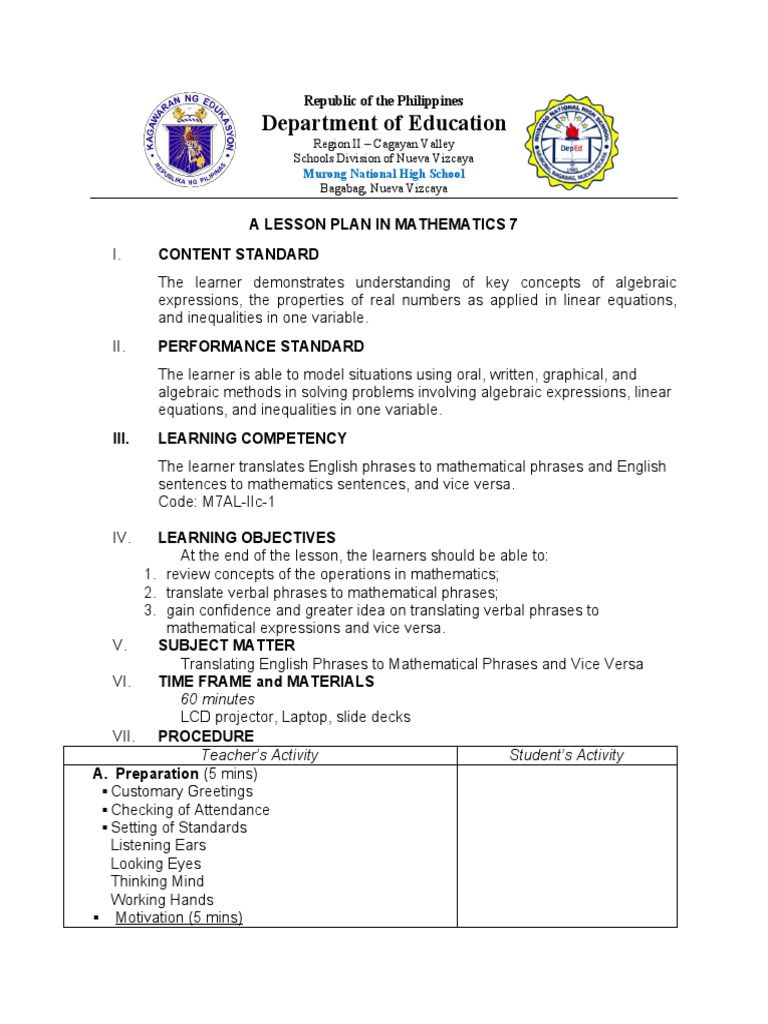 Lesson Plan CO 1 | PDF | Mathematics | Learning