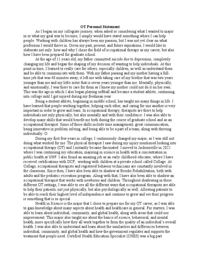 Ot Personal Statement | PDF | Occupational Therapy | Psychotherapy
