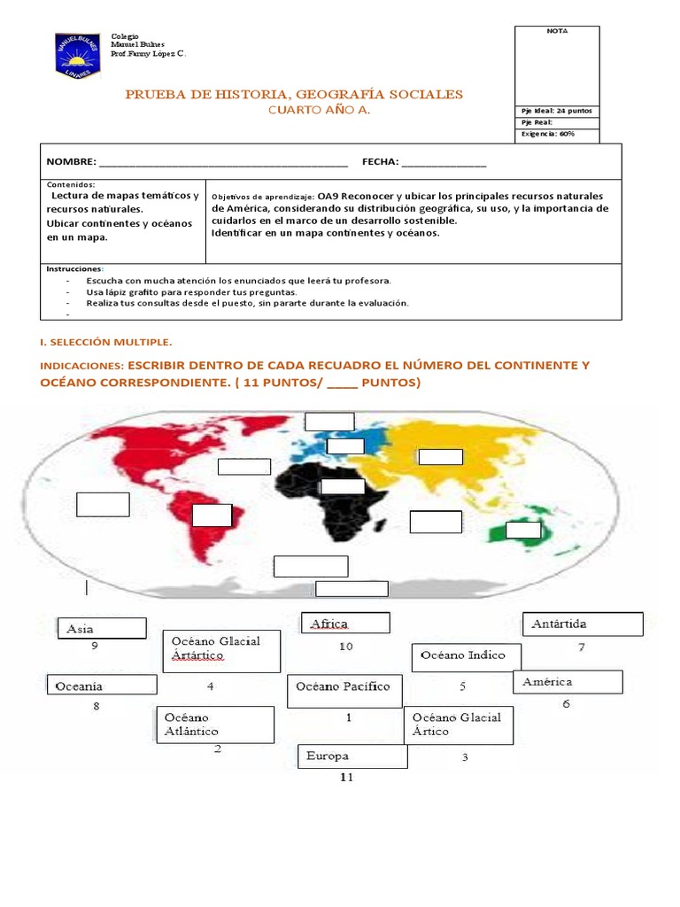 Prueba de HISTORIA Mapas y Continentes | PDF | Américas | América del Sur