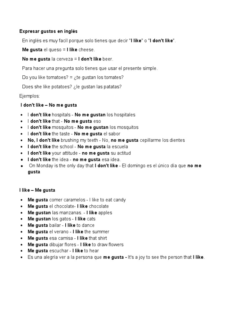Expresar Gustos en Inglés | PDF