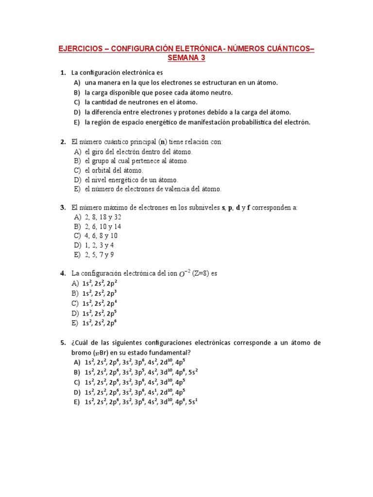 S - 4 Ejercicios Semana 3 (2 | PDF | Orbital atómico | Configuración electronica