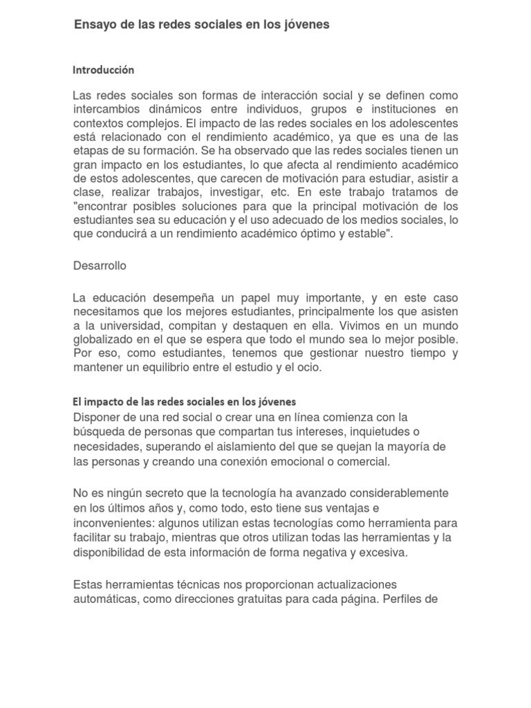 Ensayo - de Las Redes Sociales en Los Adolescentes | PDF | Servicio de ...
