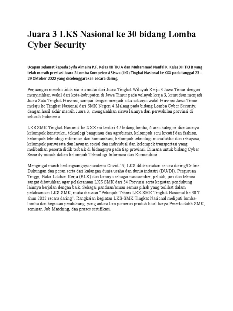 Juara 3 LKS Nasional Ke 30 Bidang Lomba Cyber Security | PDF