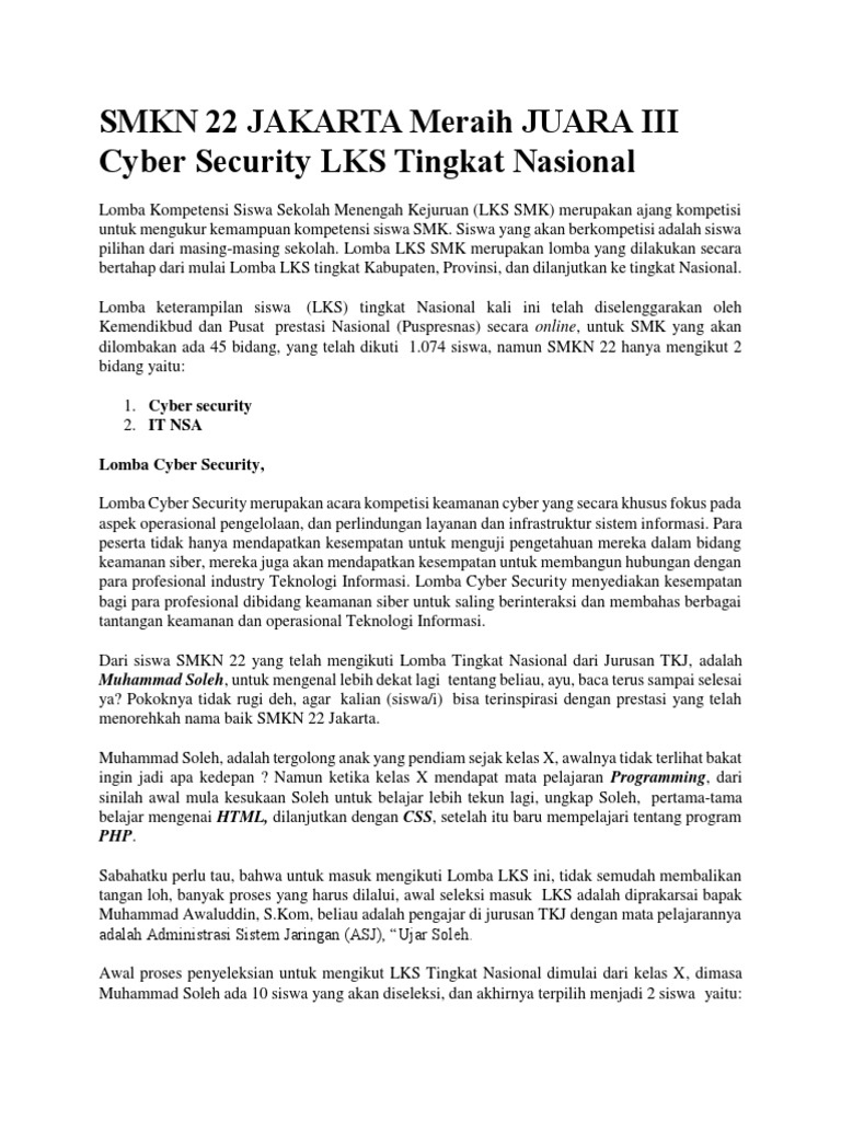 SMKN 22 JAKARTA Meraih JUARA III Cyber Security LKS Tingkat Nasional | PDF