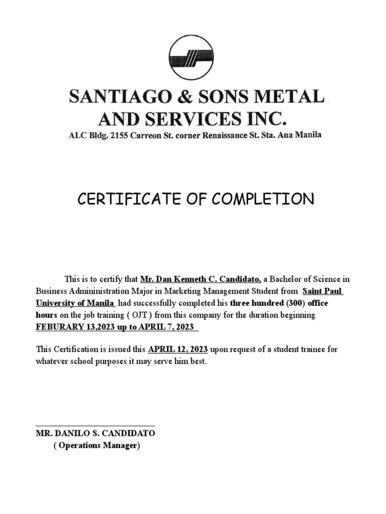 OJT Completion Certificate for Dan Candidato | PDF