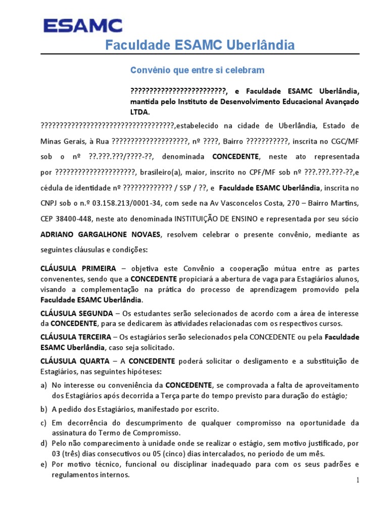 Convênio de Estágio ESAMC Uberlândia | PDF | Estágio | Procura de Emprego